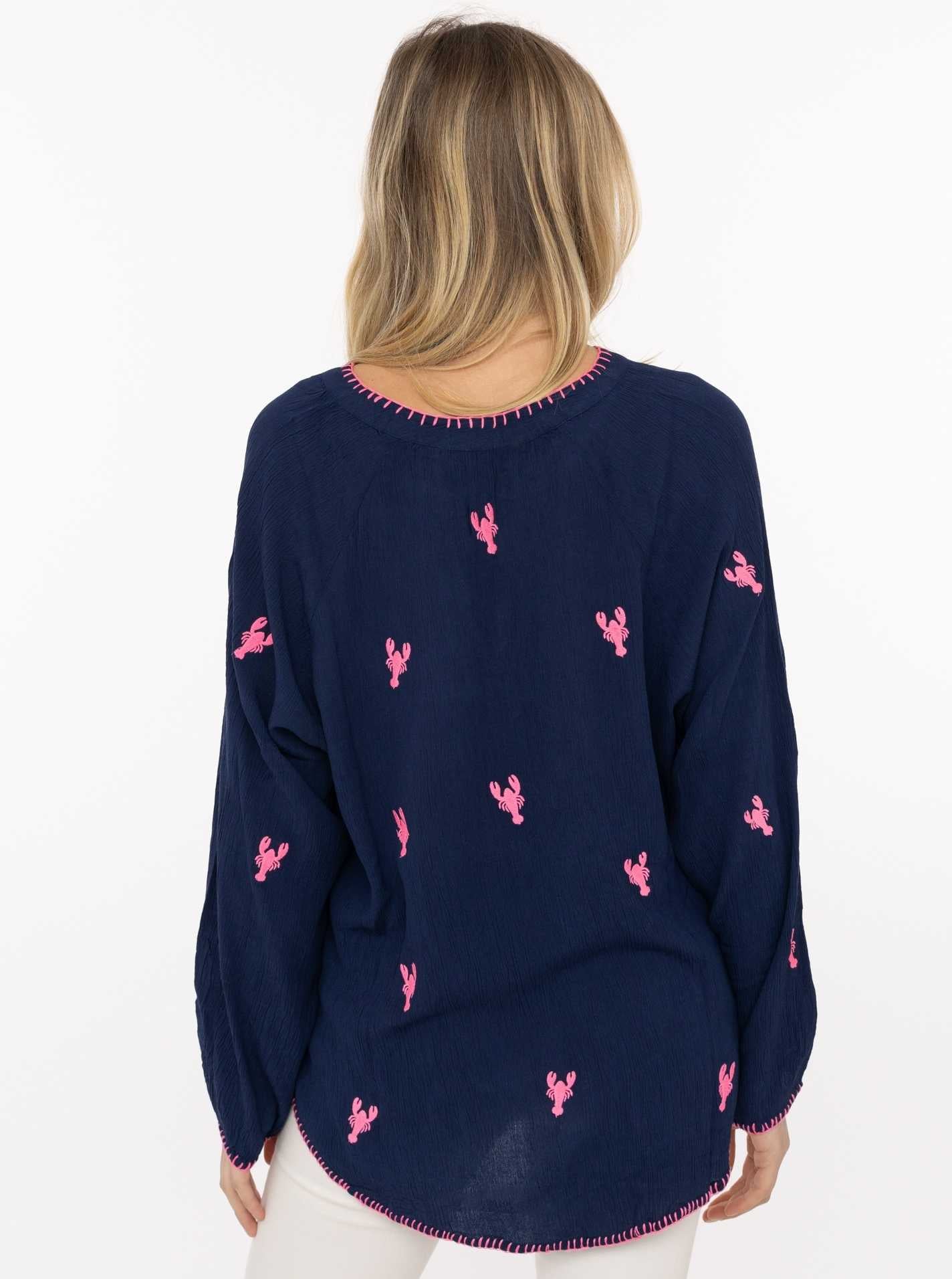 💕 Zwillingsherz Bluse "Gestickte Hummer" 100 % Viskose Marine – Astrid ...