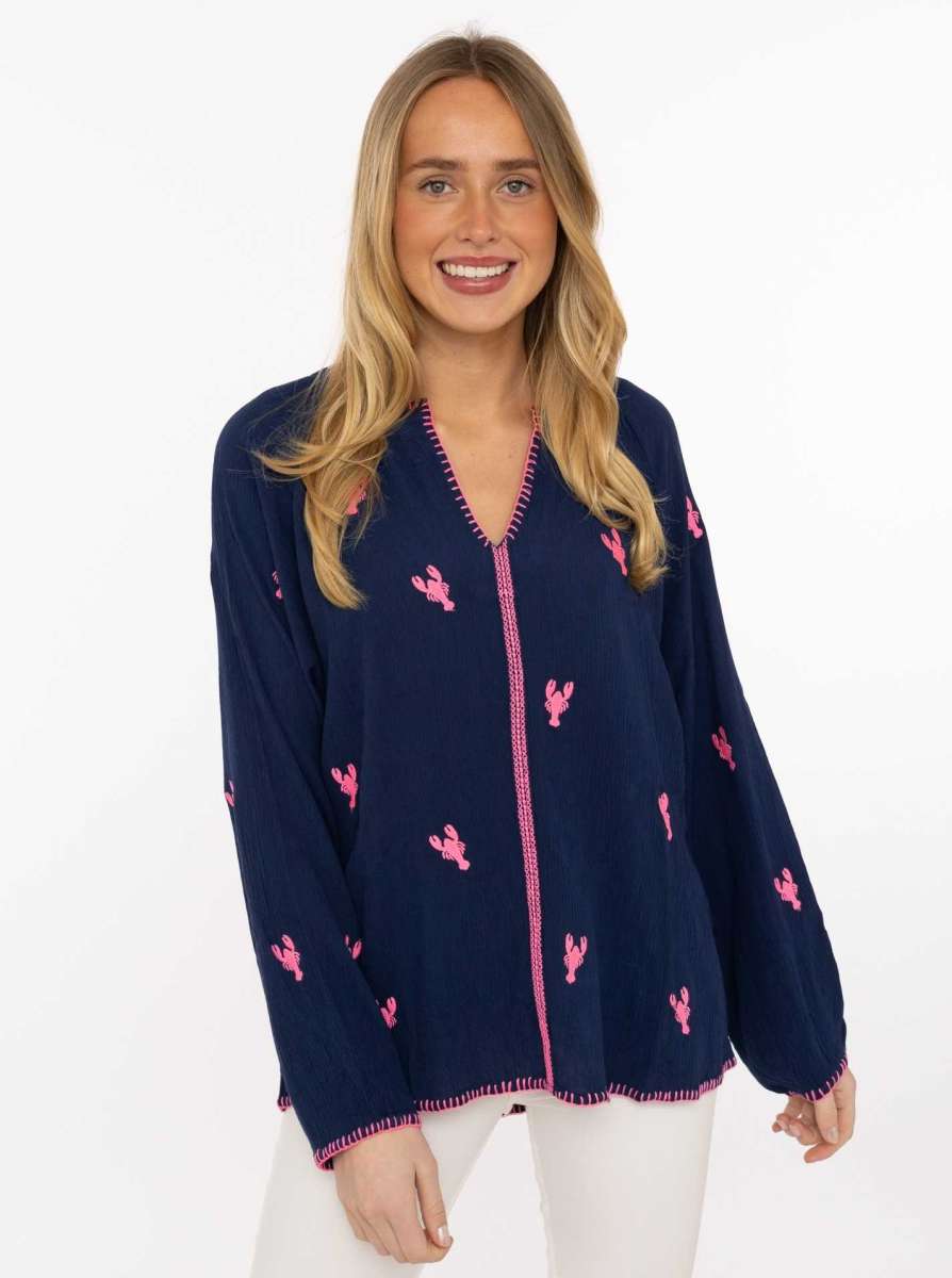 💕 Zwillingsherz Bluse "Gestickte Hummer" 100 % Viskose Marine – Astrid ...